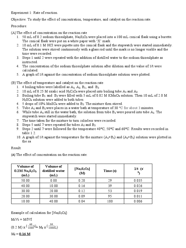 Experiment 1 Lab Report | PDF | Reaction Rate | Catalysis