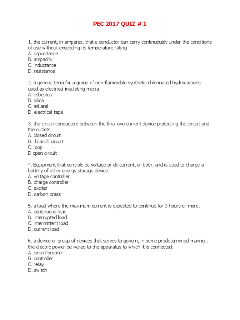 PEC 2017 Quiz 1 | Download Free PDF | Fuse (Electrical) | Electrical Wiring