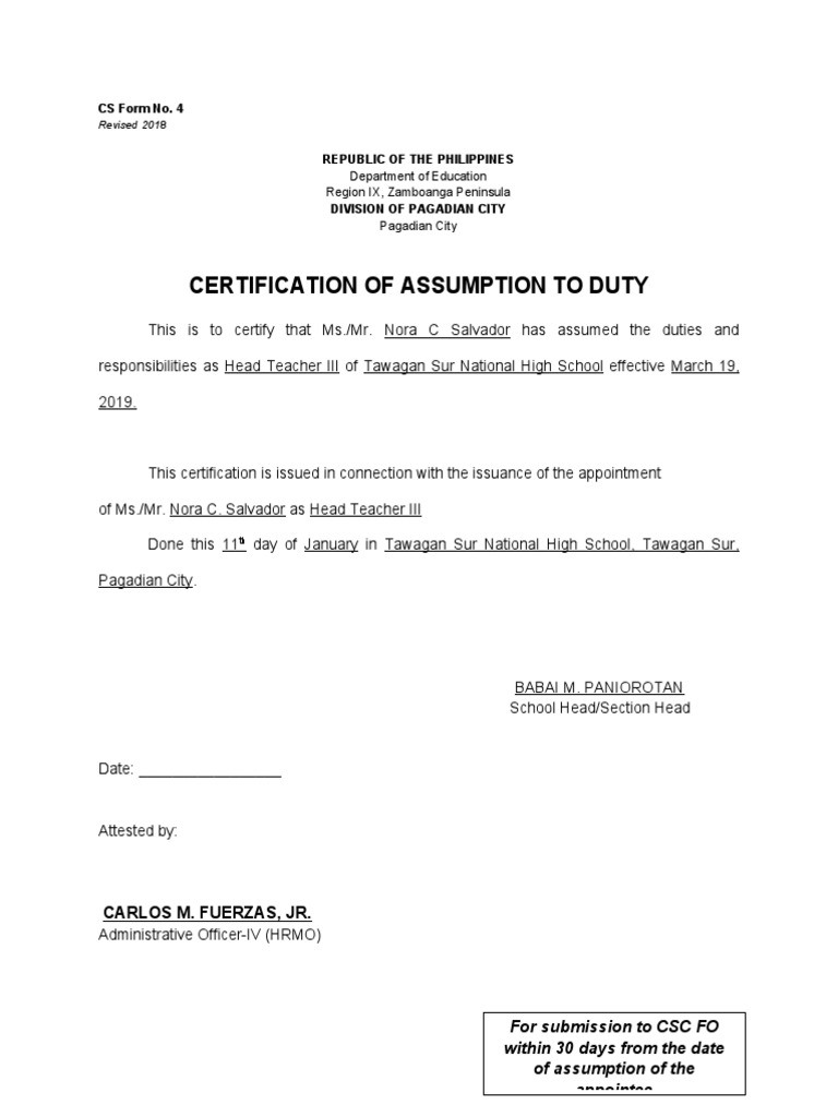 CS Form No. 4 Certificate of Assumption To Duty | PDF