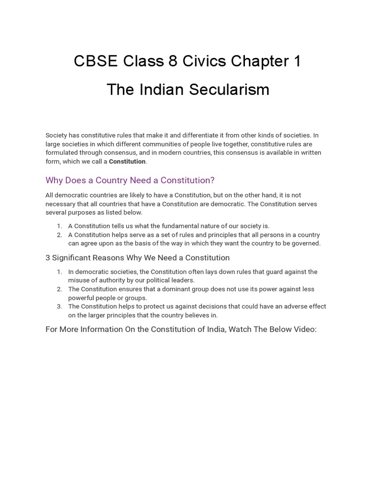 CBSE Class 8 Civics Chapter 1 The Indian Constitution | PDF ...