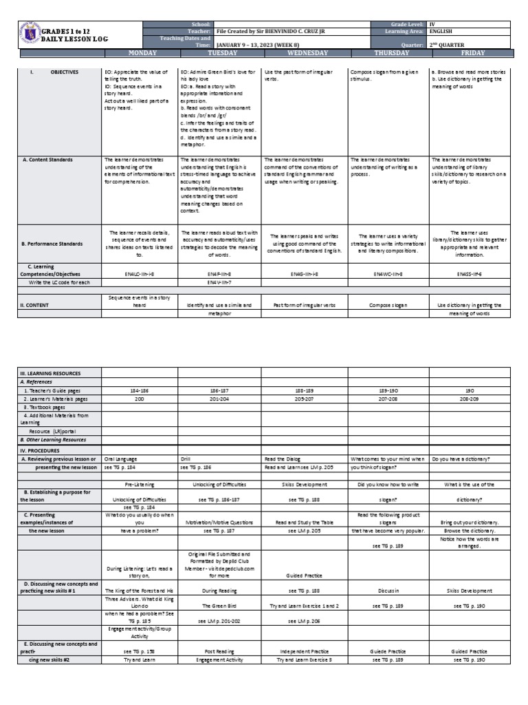 DLL - English 4 - Q2 - W8 | PDF | English Language | Learning