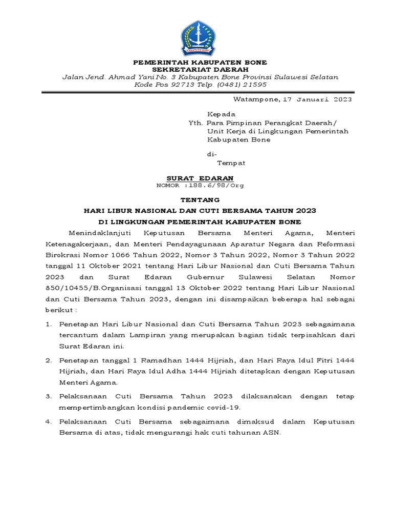 Surat Edaran Libur Nasional Dan Cuti Bersama 2023 (Original) | PDF