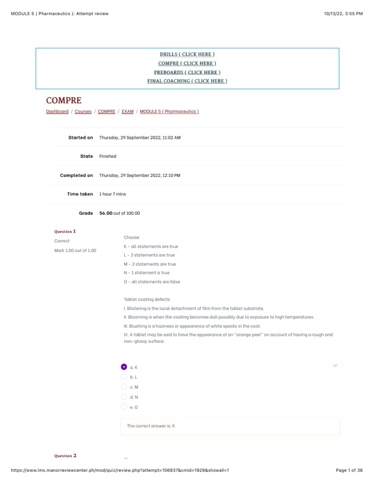 COMPRE - MODULE 5 (Pharmaceutics) : Attempt Review | PDF | Pharmacist | Liquid Crystal