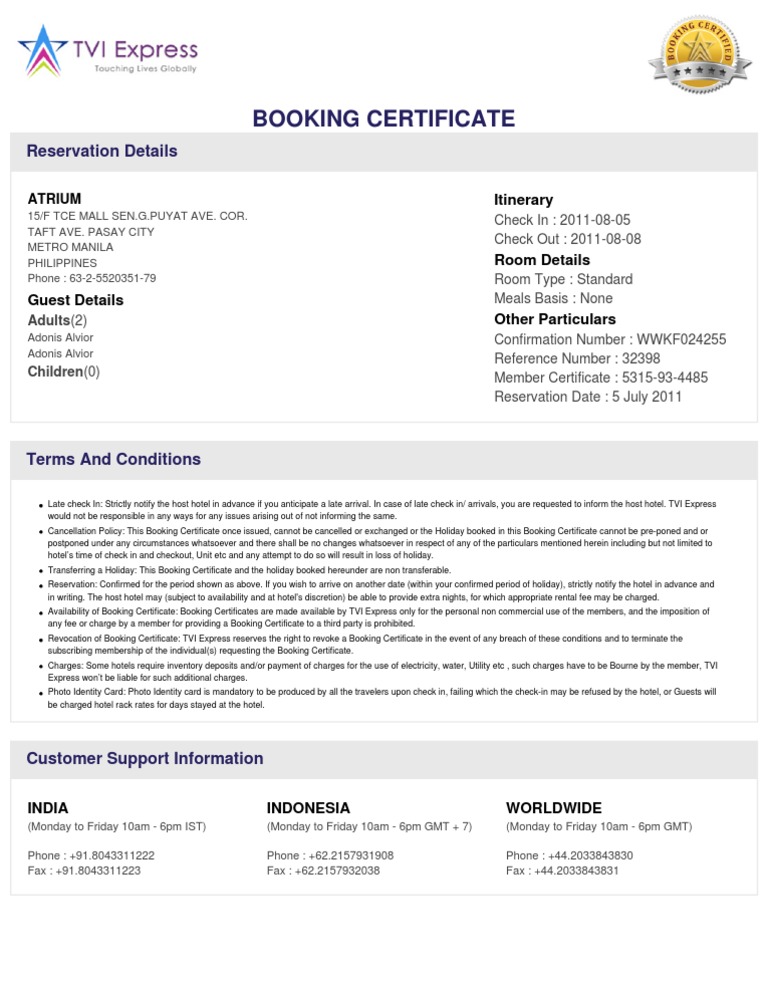 Booking Certificate: Reservation Details | Download Free PDF | Cheque | Fee