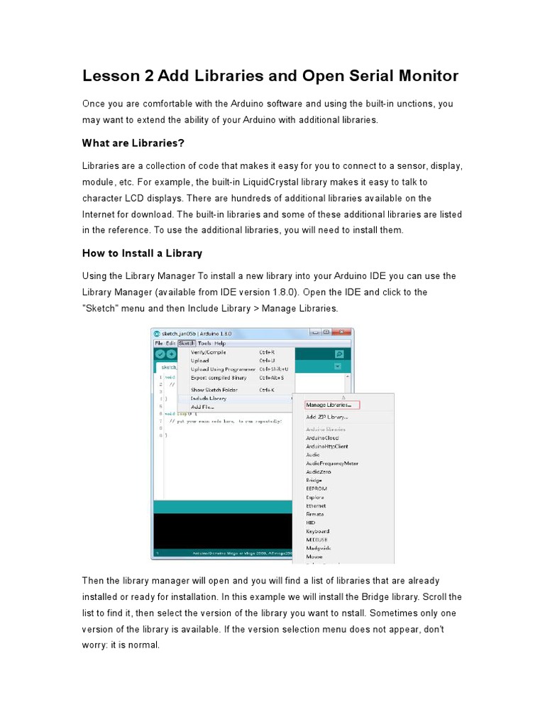 Lesson 2 Add Libraries and Open Serial Monitor | PDF | Arduino | Zip ... Lesson 2 Add Libraries and Open Serial Monitor | PDF | Arduino | Zip ...