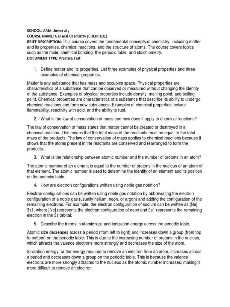 General Chemistry Practice Test Questions | PDF | Mole (Unit) | Chemistry