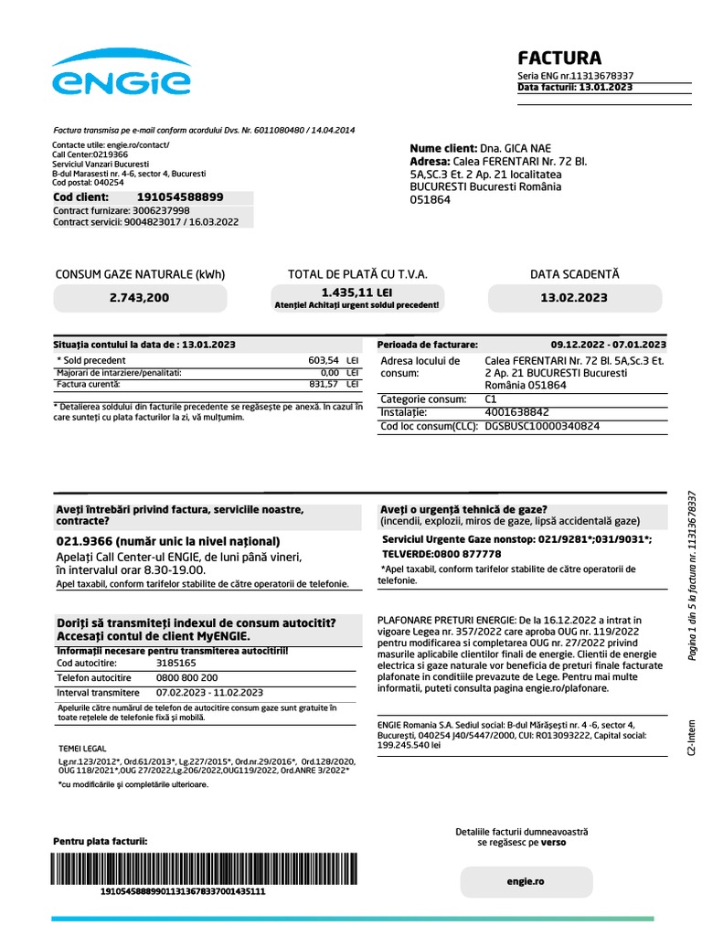 Factura ENGIE Romania NR 11313678337 | PDF