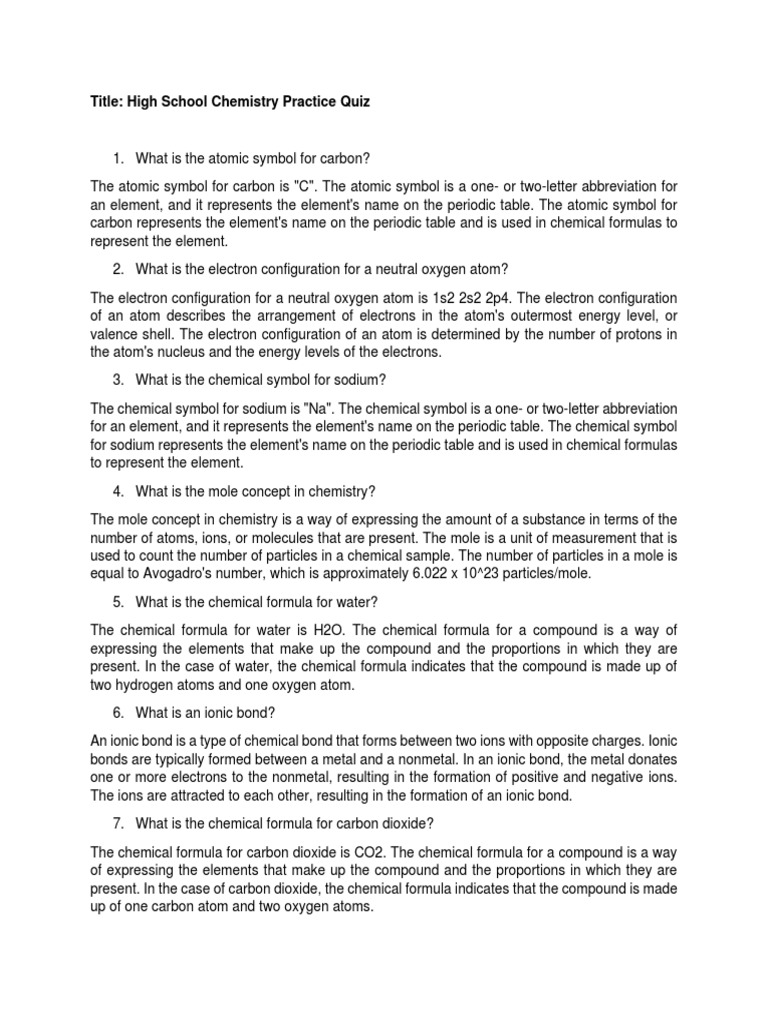 High School Chemistry Practice Quiz | PDF | Chemistry | Chemical Compounds