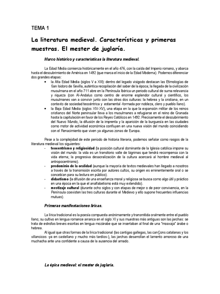 Literatura Medieval: Mester de Juglaría | PDF | Edades medias