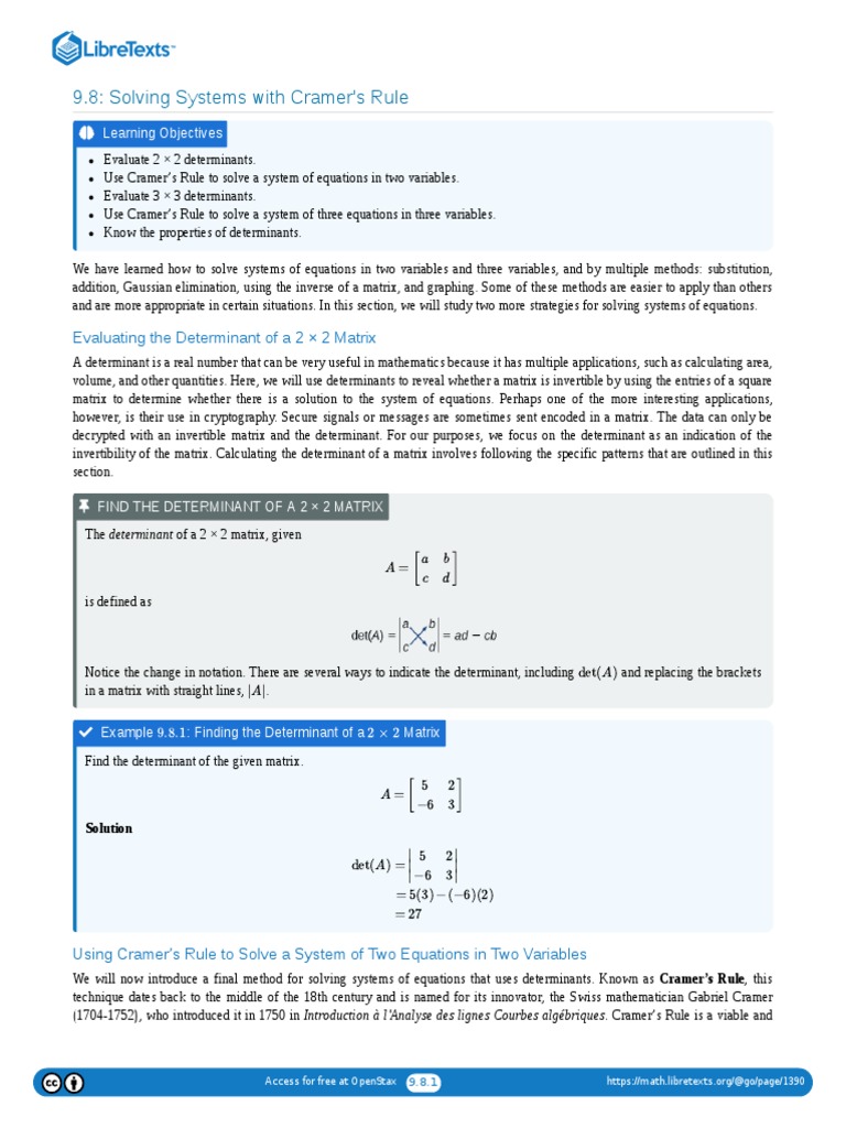 9 08 Solving Systems With Cramer S Rule Pdf Determinant Matrix