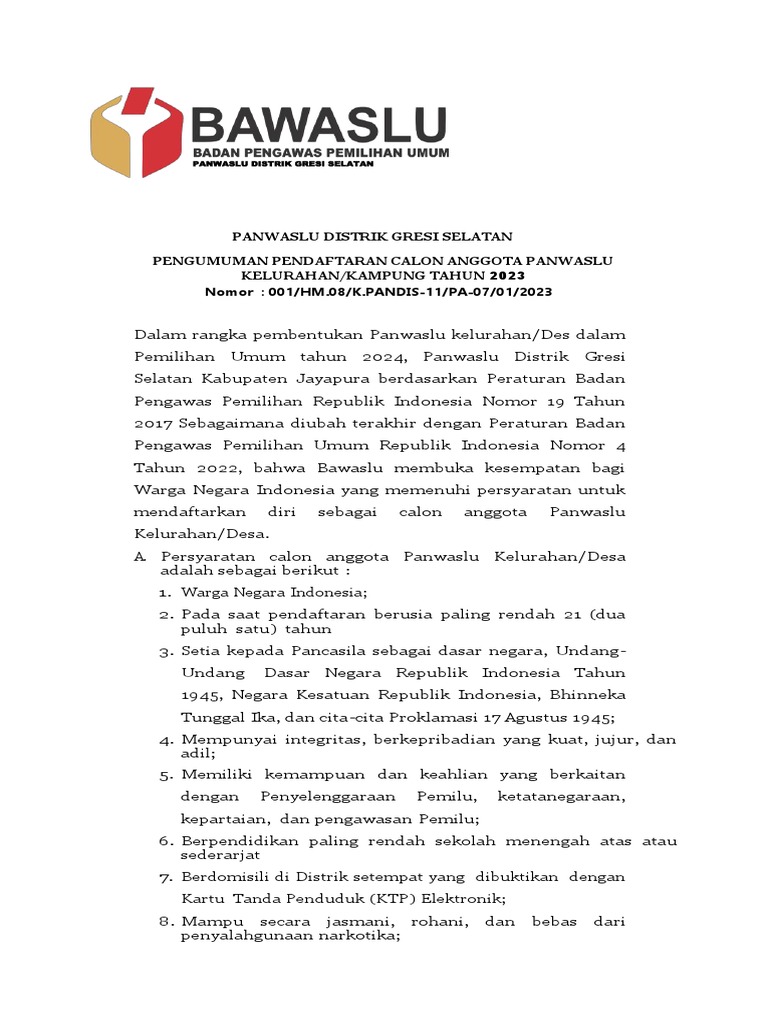 Pendaftaran Calon Anggota Panwaslu 2023 | PDF Pendaftaran Calon Anggota Panwaslu 2023 | PDF