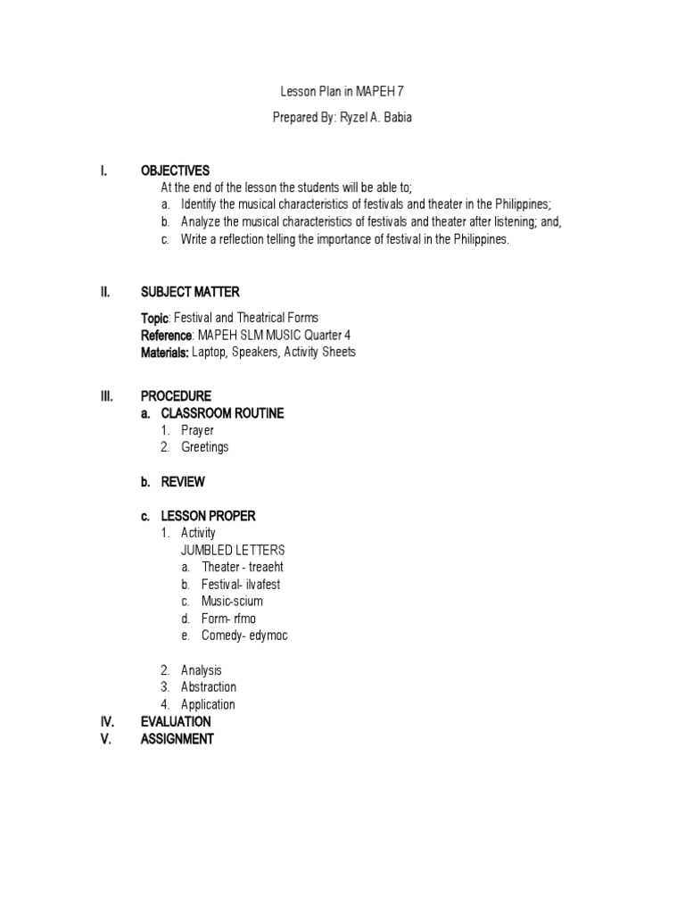 MAPEH 7 Lesson Plan: Festivals & Theater | PDF | Social Science ...
