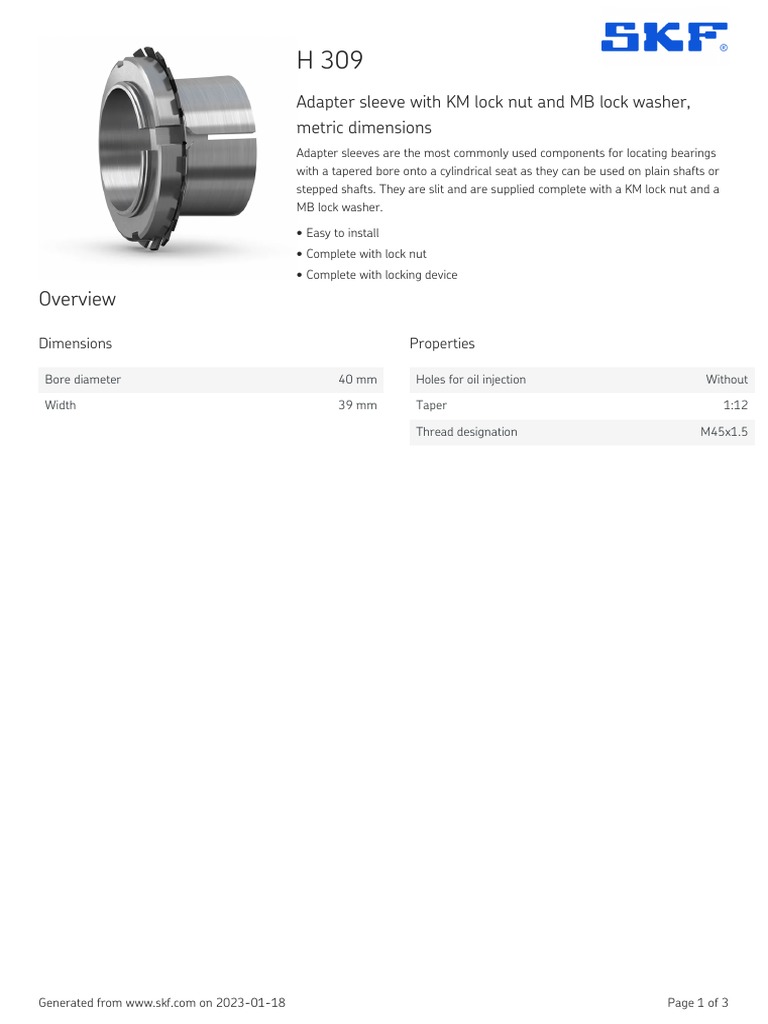 Adapter Sleeve With KM Lock Nut and MB Lock Washer, Metric Dimensions ...