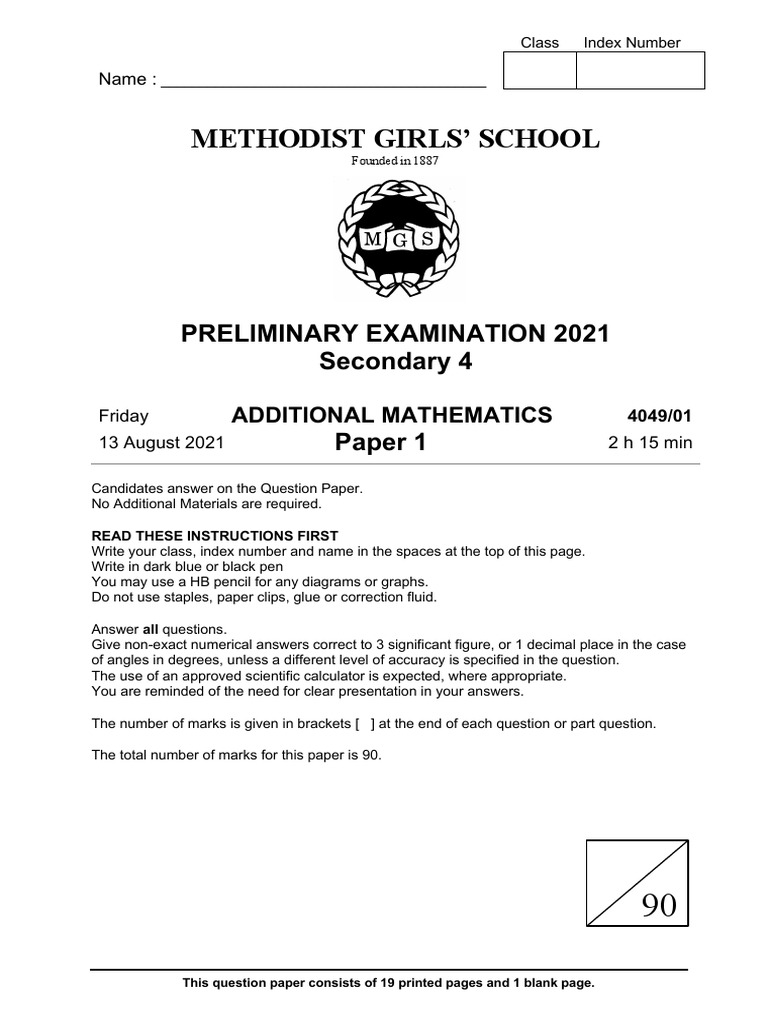 2021 Sec 4 A Math Prelim P1 Ans | PDF | Quadratic Equation | Mathematical Objects