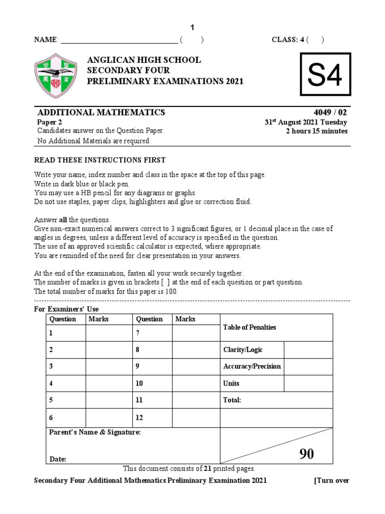 Anglican High Sec 4 A-Maths Prelim Paper 2 2021 AS | PDF | Numbers | Circle