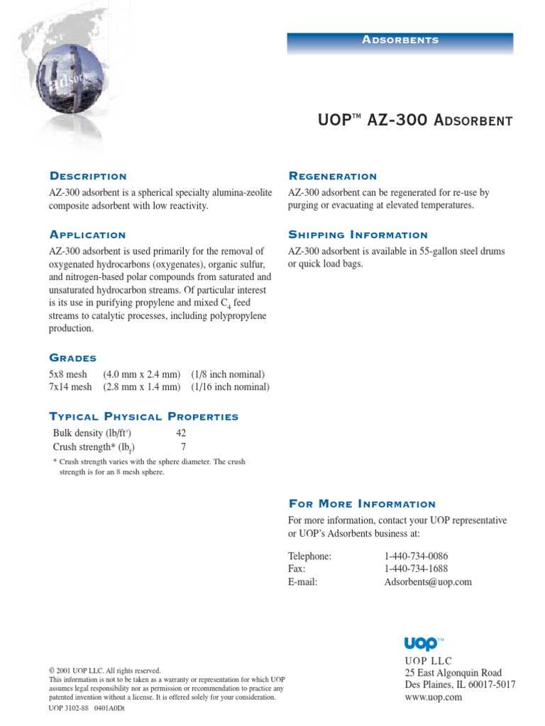 UOP Type AZ-300 Data Sheet | PDF | Adsorption | Chemical Process Engineering