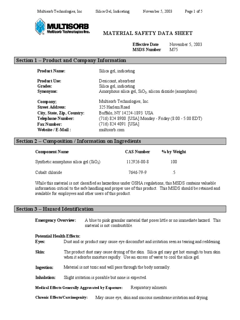 Color Change Desiccant MSDS | PDF | Silicon Dioxide | Cobalt
