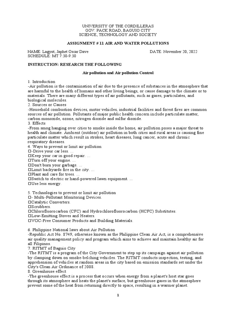 Assignment # 11 Air Pollution and Water Pollution | PDF | Water ...