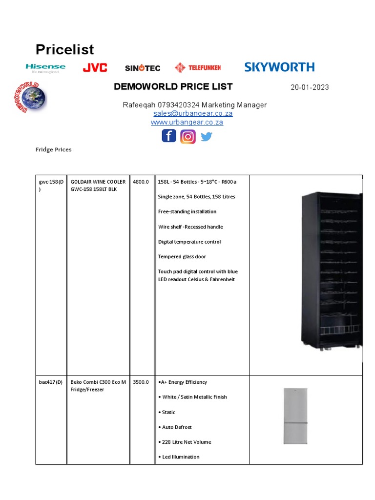 Fridge Prices 20-01-2023-1 | PDF | Refrigerator | Cold