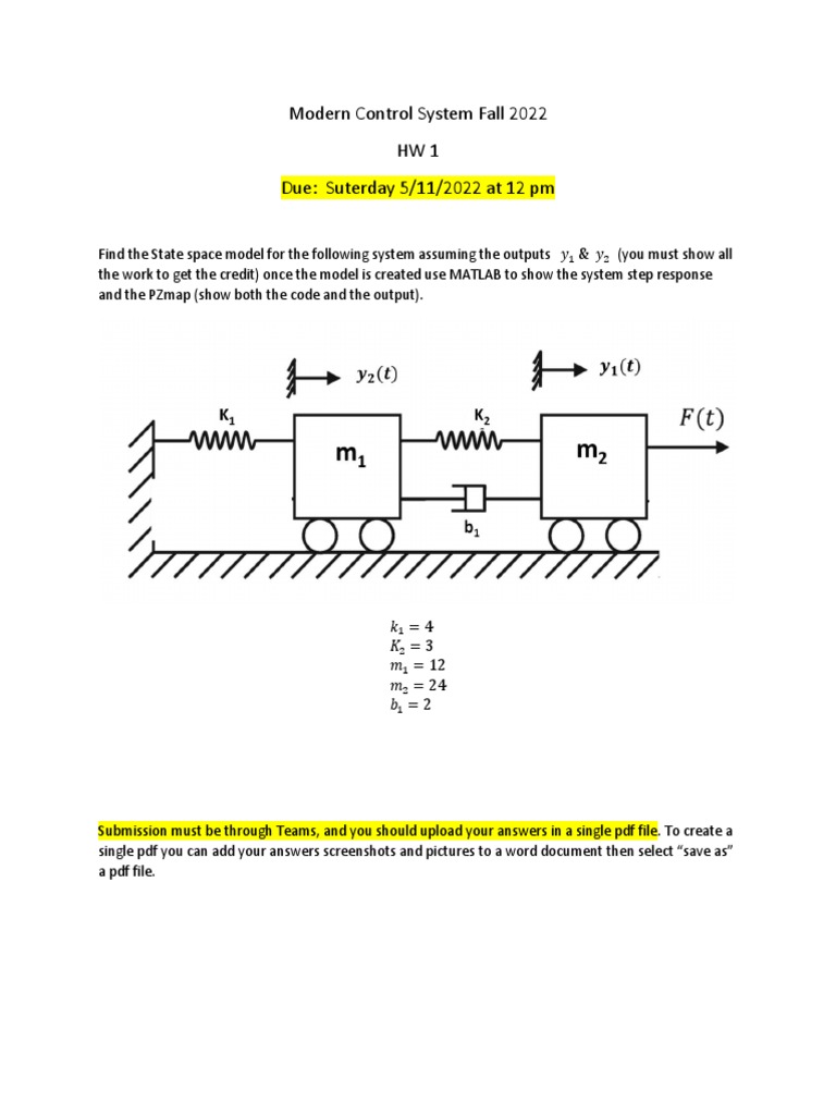 Modern Control System HW 1: State Space Model and MATLAB Simulation | PDF