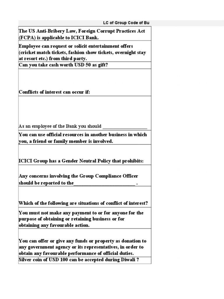 ICICI Bank Code of Conduct Overview | PDF | Bribery | Justice