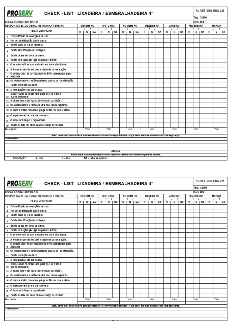 Check List Lixadeira - Esmerilhadeira | PDF