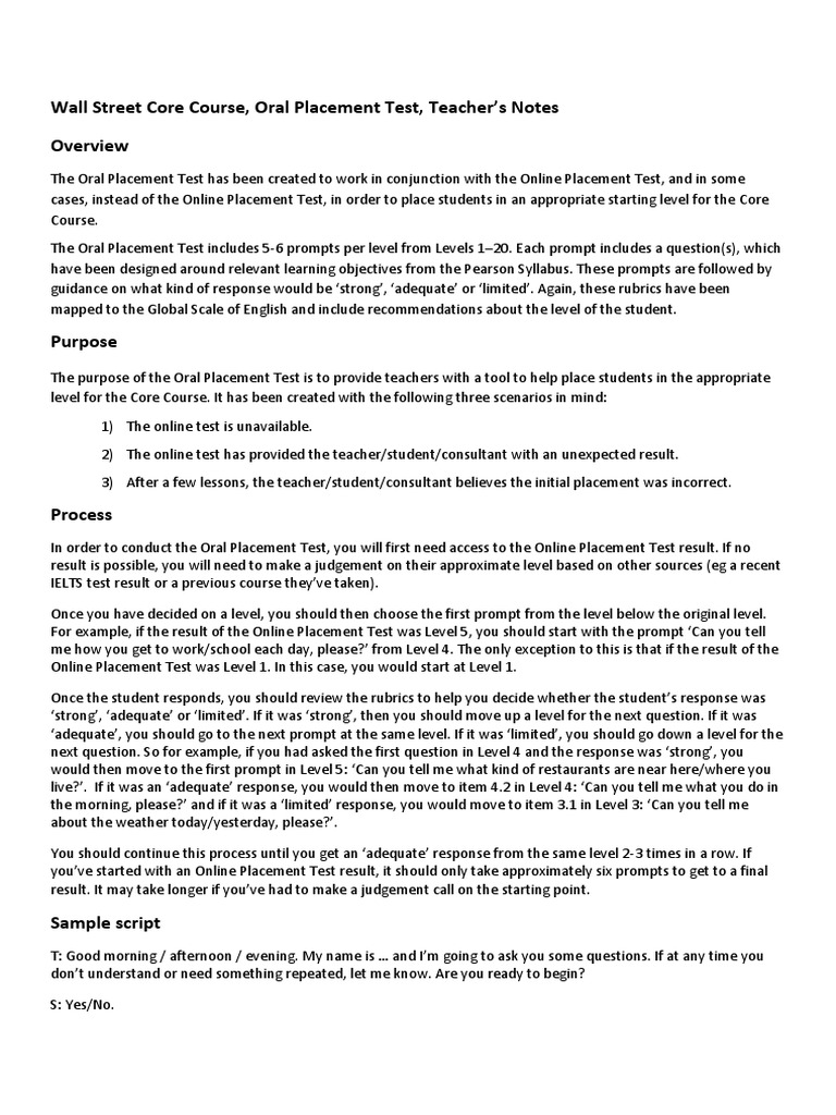 Core Course Oral Placement Test Teachers Notes | PDF | Cognition | Learning