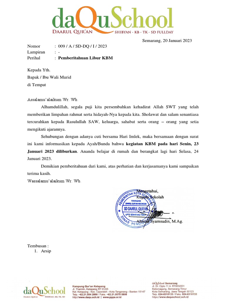 Surat Pemb. Libur KBM | PDF