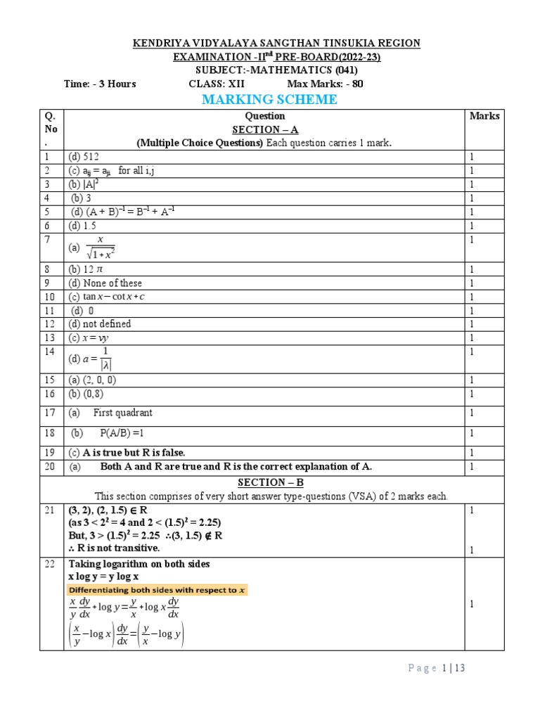 Class Xii Maths Marking Scheme KV Nerist | PDF | Mathematical Objects ...