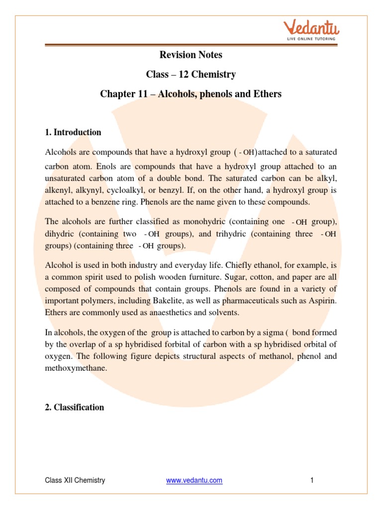 Class 12 Chemistry Revision Notes Alcohols, Phenols and Ethers | PDF ...