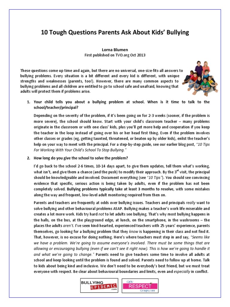 10 Tough Questions Parents Ask About Kids Bullying | PDF | Bullying ...