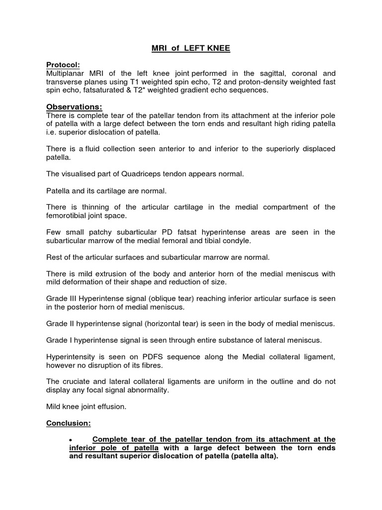MRI Sample Reports | Download Free PDF | Knee | Musculoskeletal System