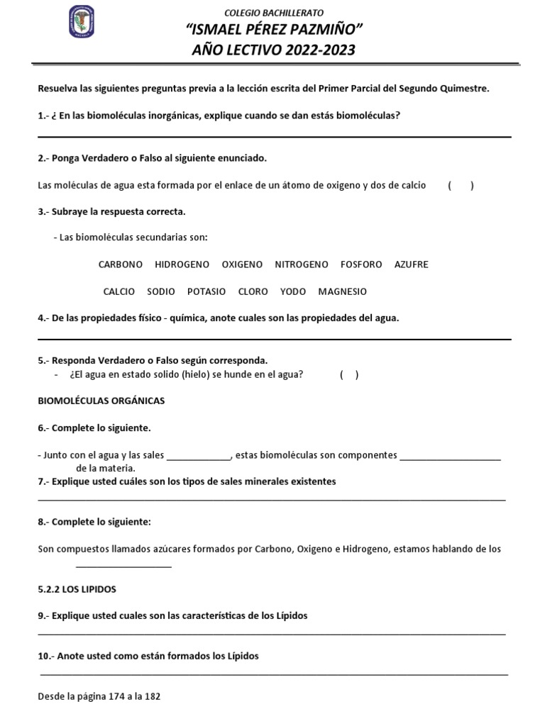 Cuestionario de Ciencias Naturales de Octavo Año 2022 - 2023 | PDF