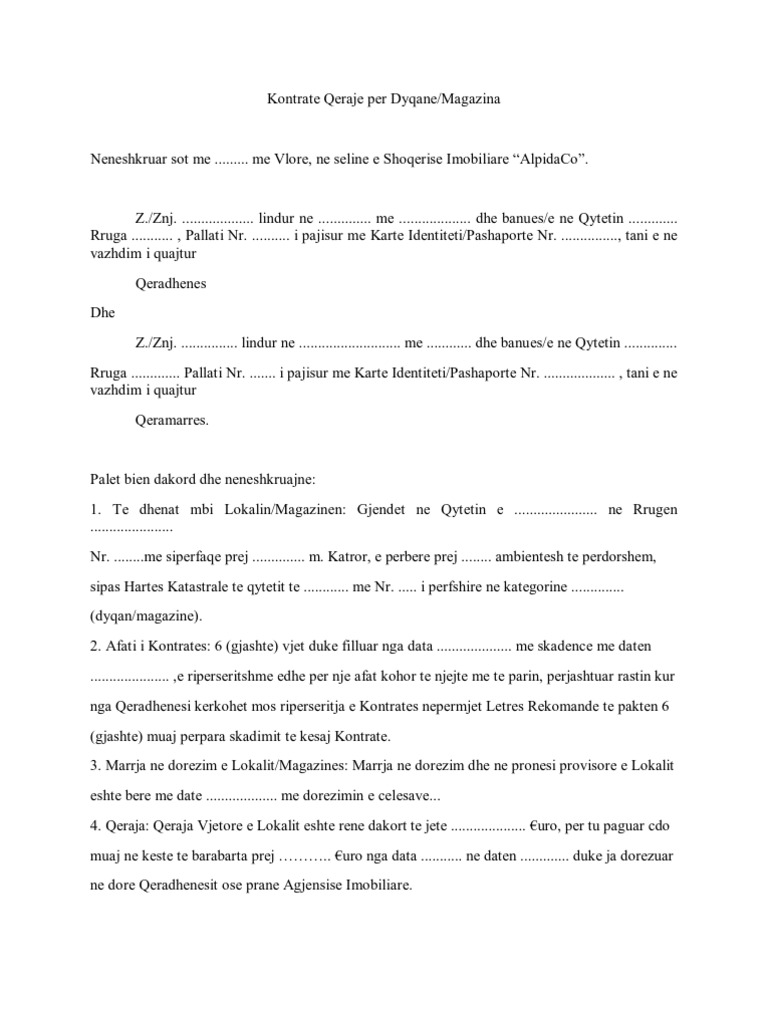 Kontrate Qeraje Per Dyqanemagazina