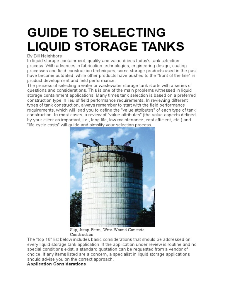 Guide To Selecting Liquid Storage Tanks | PDF | Concrete | Steel