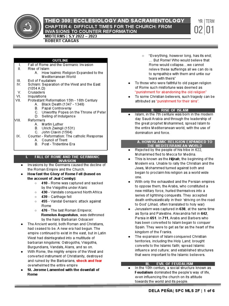 Chapter 4 - Difficult Times For The Church - From Invasions To Counter Reformation SPC MLS 2 ...