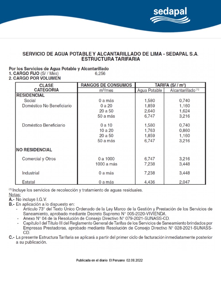 Tarifas Sedapal | PDF