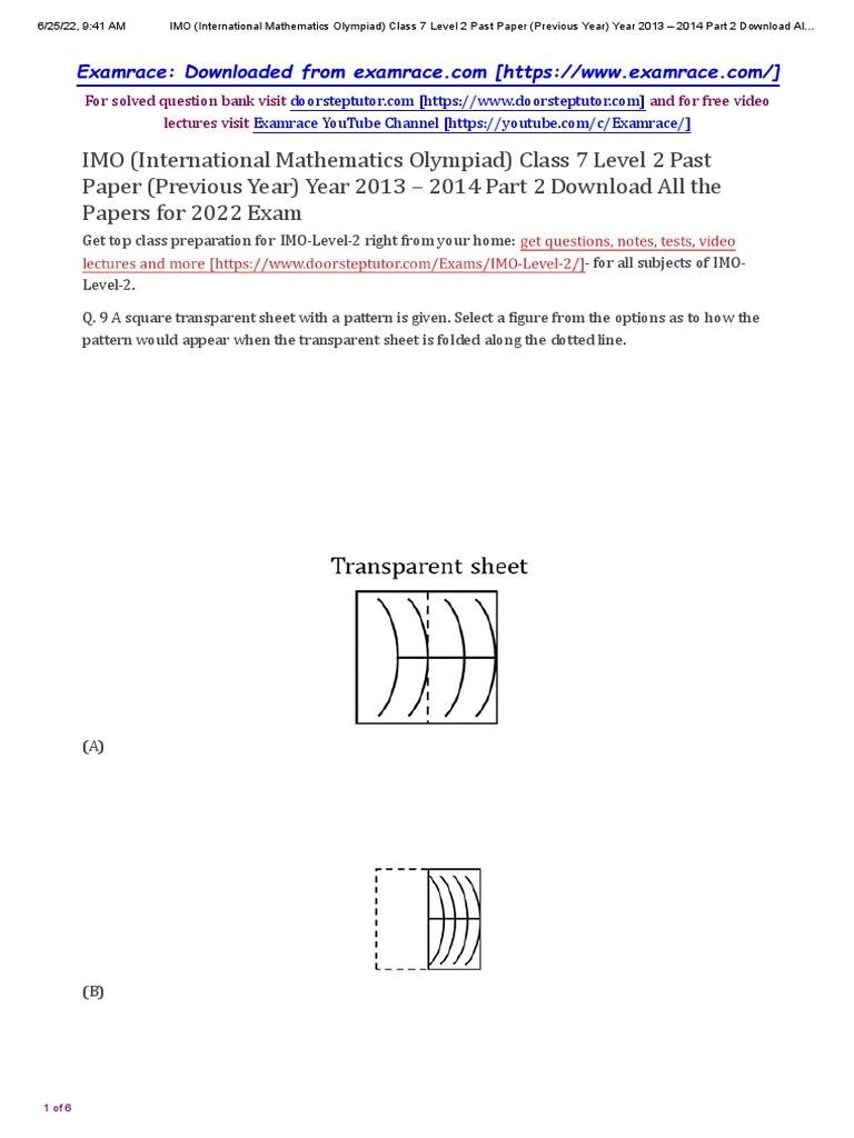 IMO Level 2 Class 7 Paper 2013 2014 Part 2 | PDF | Mathematics
