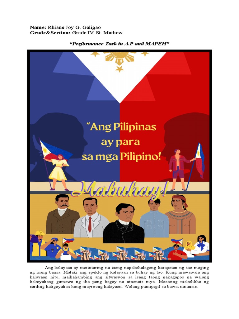 Performance Task in AP and MAPEH - Poster Tungkol Sa Kalayaan NG Isang ...