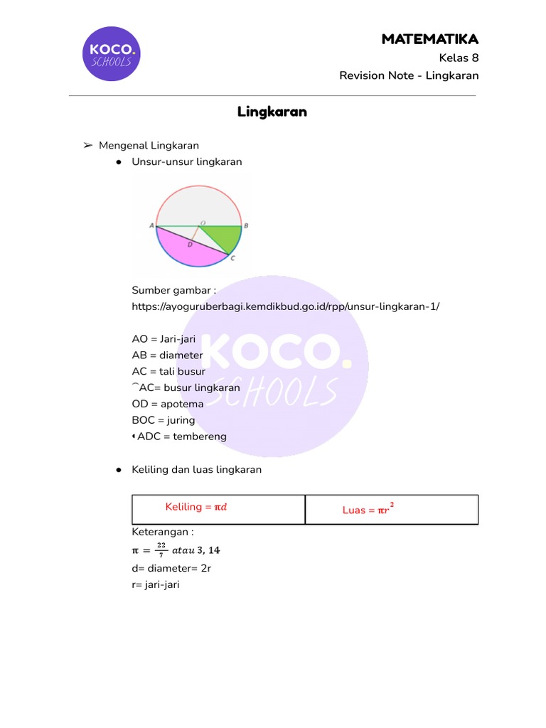 Revision Note Matematika Kelas 8 Lingkaran | PDF | Metode & Bahan Ajar