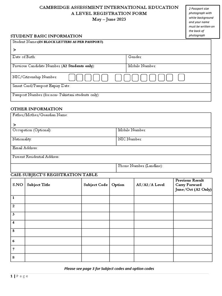 A Level CAIE Registration Form | PDF