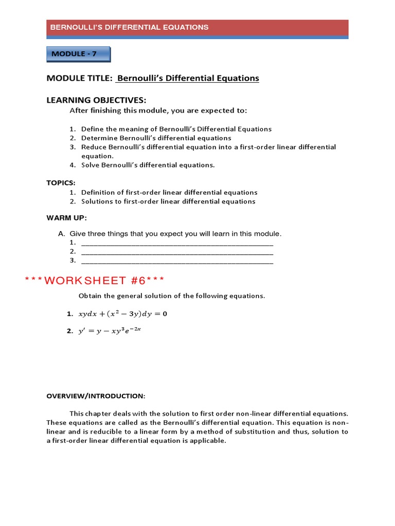EM213 Lecture 7 Bernoulli S Differential Equations | PDF | Differential Equations | Equations
