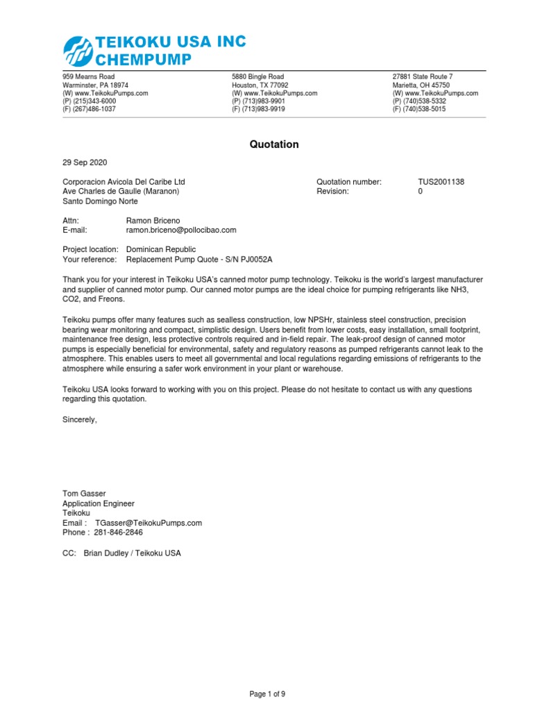 Teikoku Pump Quotation for NH3 | PDF | Pump | Electric Motor