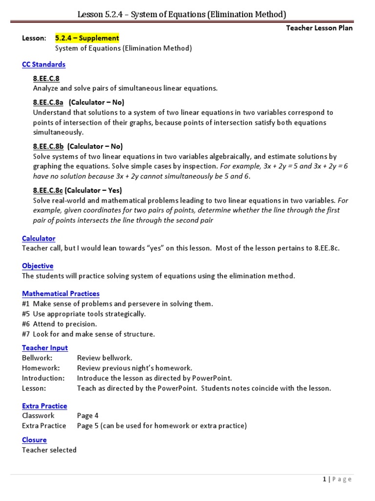 Lesson System of Equations (Elimination Method) | PDF | Equations ...