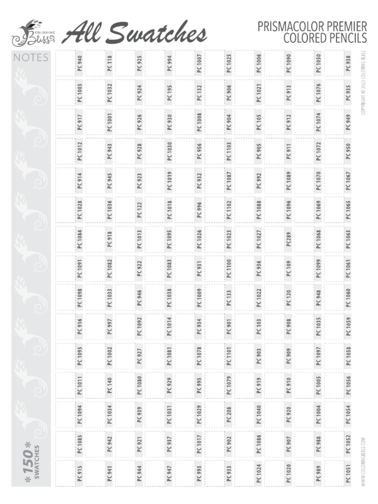 Prismacolor Premier Colored Pencils 150 Swatching Page NO Tri Tones v5b ...
