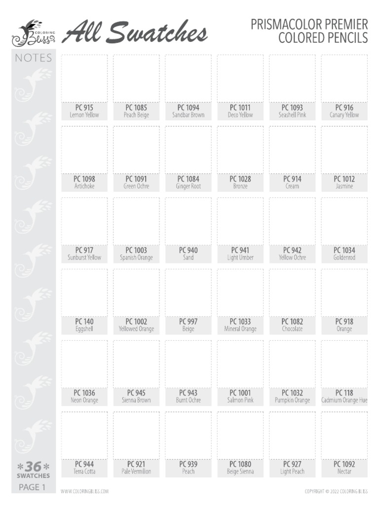 Prismacolor Premier Colored Pencils 36 150 Swatching Pages NO Tri Tones ...