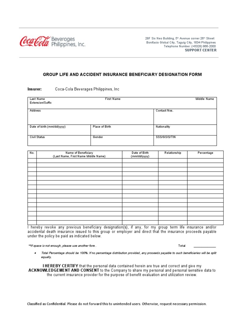 Group Life Insurance Beneficiary Form | PDF | Insurance