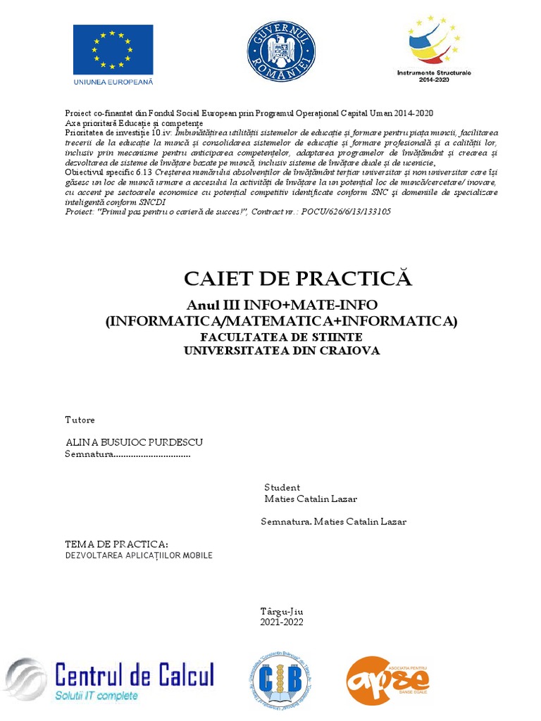 Caiet Practica III INFO+MATE-INFO - Craiova - Apriliematies | PDF