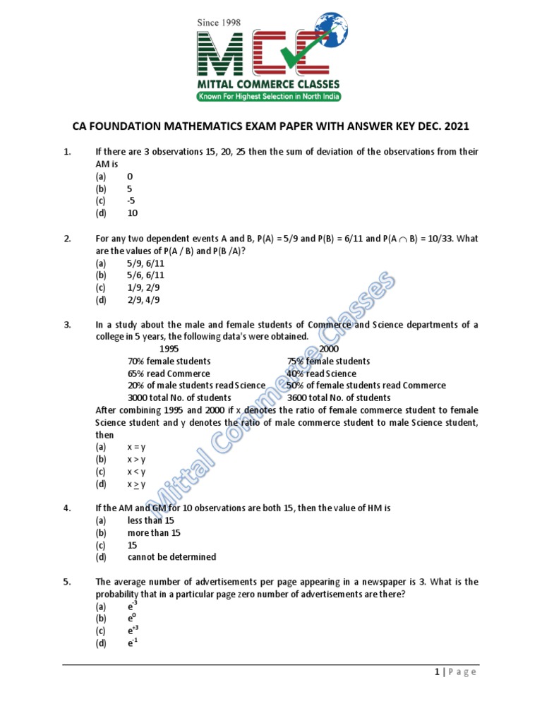 CA Foundation Maths Exam Paper With Answer Key Dec. 2021 | PDF | Mean | Mode (Statistics)