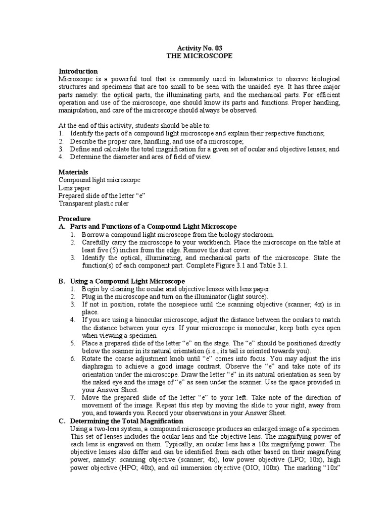 Bio101 Lab Activity 03 - The Microscope | Download Free PDF ...